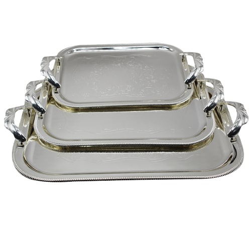 RECTANGULAR TRAY SET WITH HANDLES, 3 PIECES SILVER