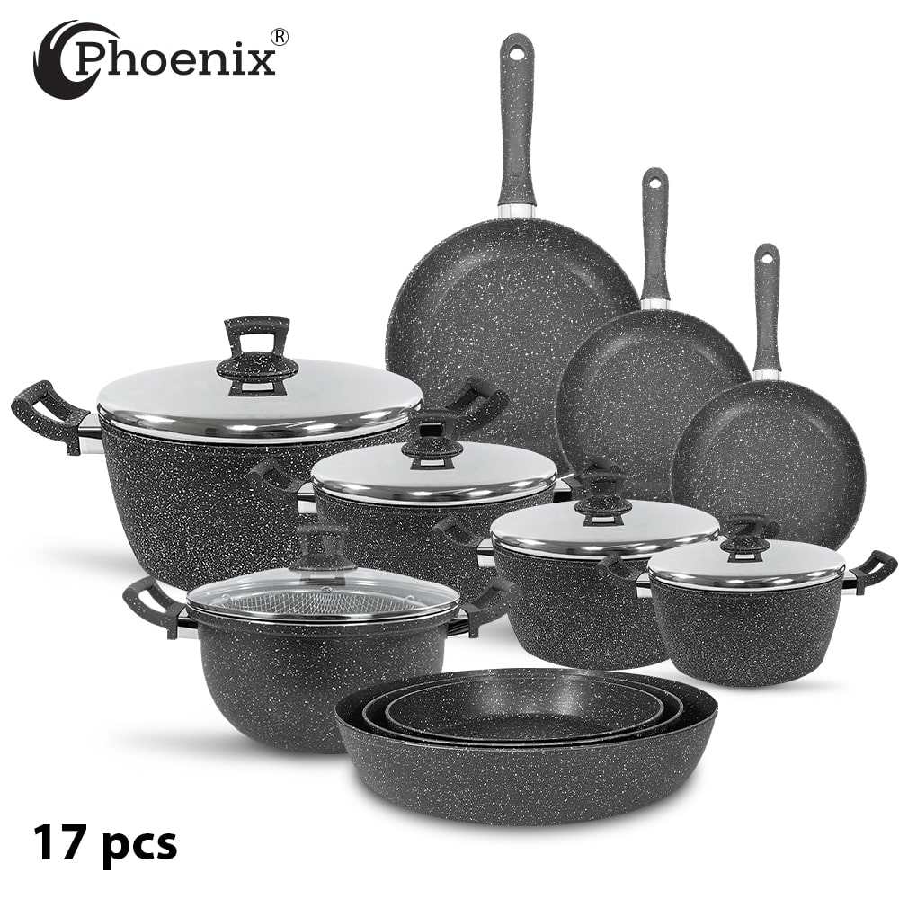 PHOENIX 17PCS GREY MARBLE COOKWARE SET