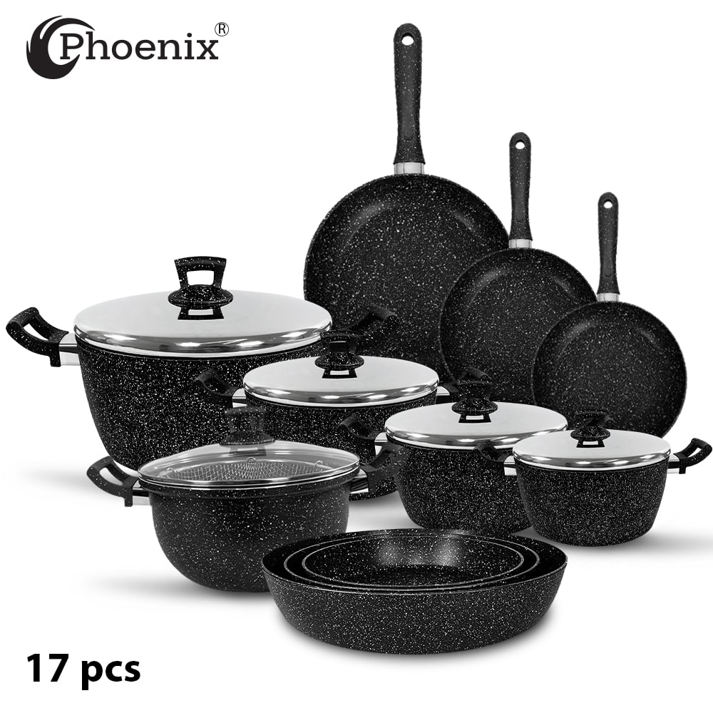 PHOENIX 17PCS BLACK MARBLE COOKWARE SET